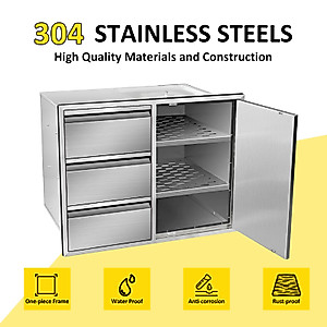 SGOLAN Outdoor Kitchen Door Drawer Combo Cabinet 28" W x 22" H x 19.5" D Stainless Steel Built-in Triple Drawers&Right Access Door Combo Cabinet for Outdoor Kitchen Island, Patio Grill Station