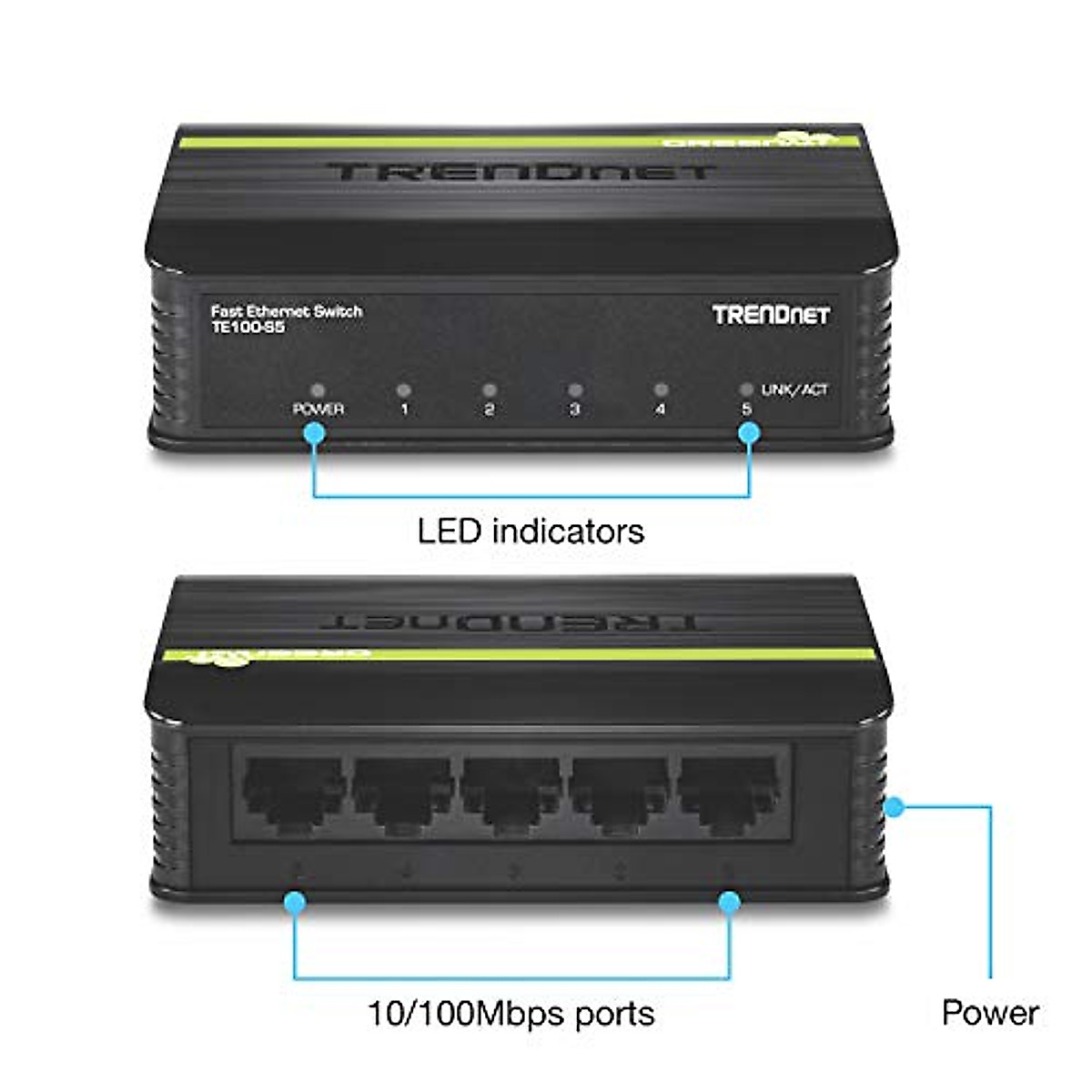TRENDnet 5-Port Unmanaged 10/100 Mbps GREENnet Ethernet Desktop Plastic Housing Switch, 5 X 10/100 Mbps Ports, 1Gbps Switching Capacity, TE100-S5