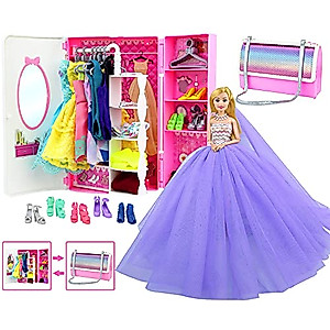 ZITA ELEMENT 34 Pcs 11.5 Inch Girl Doll Closet Wardrobe Set for 11.5 Inch Girl Doll Clothes and Accessories - Including Handbag Style Closet, Dresses, Swimsuits, Shoes, Hangers and Necklaces
