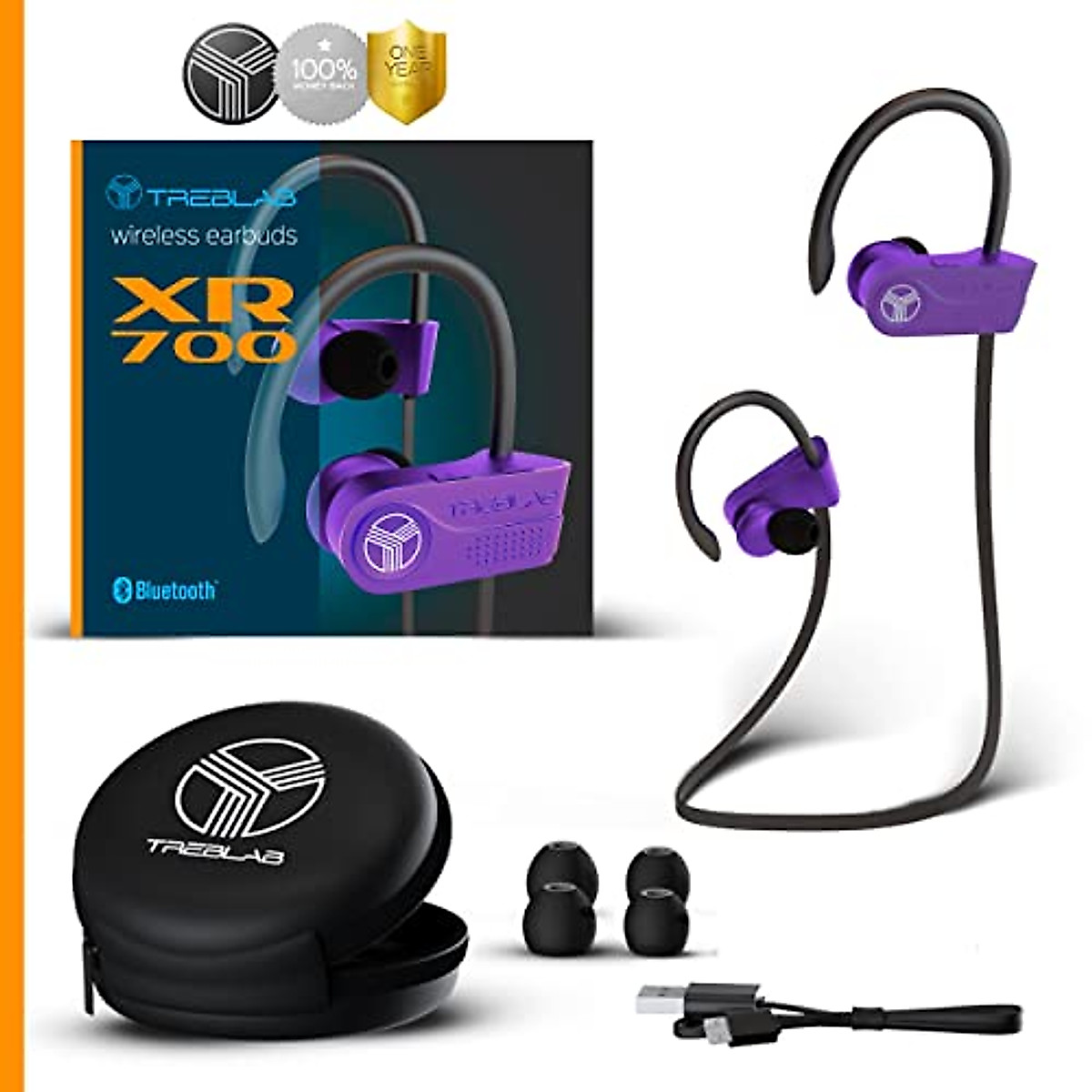 TREBLAB XR700 Wireless Sports Earbuds - Custom Adjustable Earhooks, PRO Running Bluetooth 5.0 Headphones for Athletes. IPX7 Waterproof, Sweatproof, in-Ear Headset, Noise Cancelling Earphones (Purple)