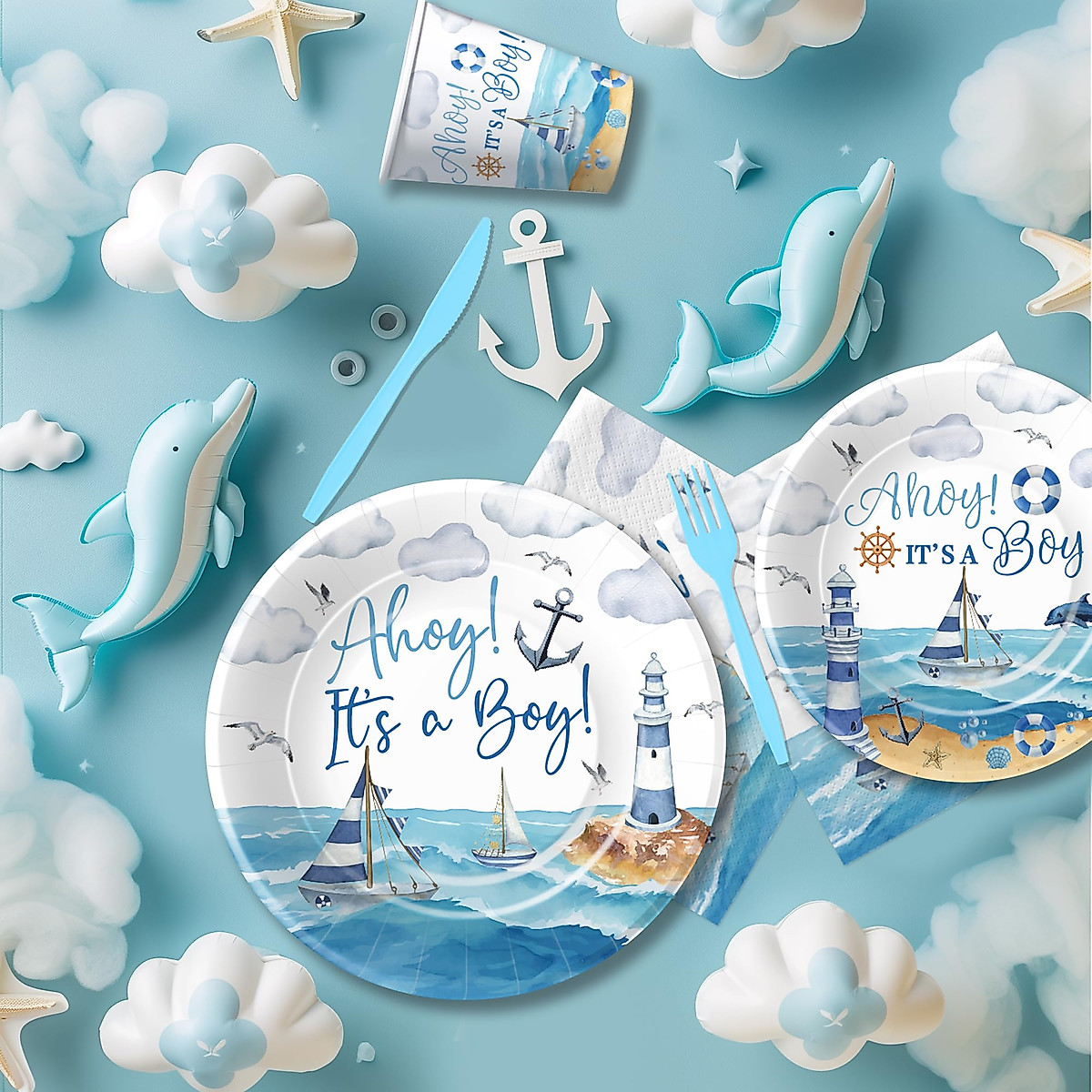 Suhelkit Ahoy Its A Boy Baby Shower Decorations Tableware - Nautical Baby Boy Decorations, Plate, Cup, Napkin, Disposable Cutlery, Anchor Nautical Party Supplies For Sailor Boat Baby Shower | 24 Guest