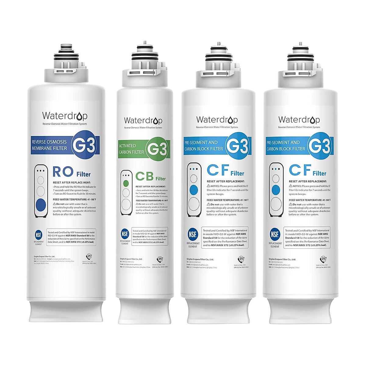 Waterdrop WD-G3-W Replacement Filter, Replacement for WD-G3-W Reverse Osmosis System, CF Filter + CB Filter + RO Filter, New Logo Design
