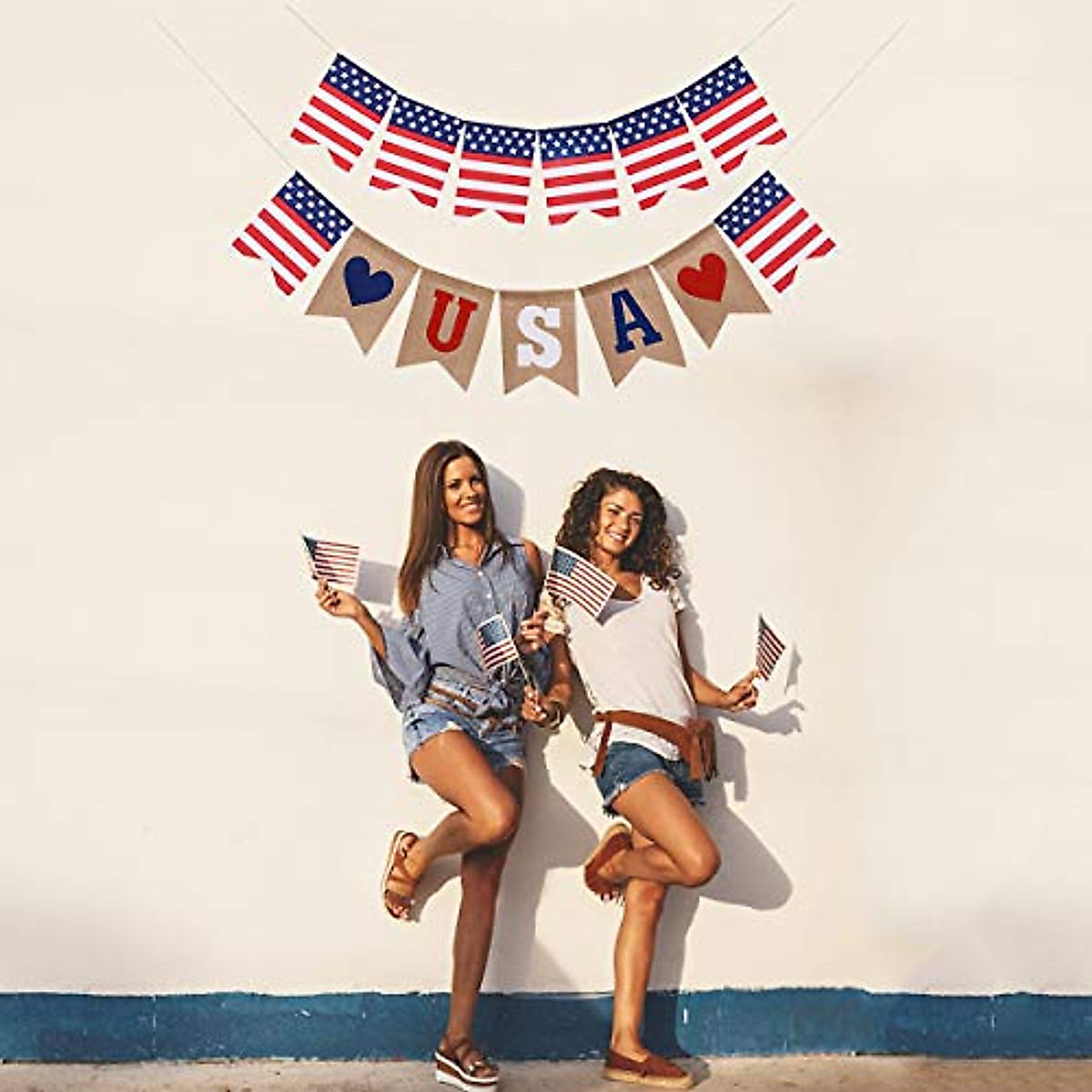 4th of July Decorations,Fourth of July Patriotic Party Decorations Supplies, Pack of 2Pack American Patriotic Banner Jute Burlap Love USA and US Flag Bunting (2Pack Banner)