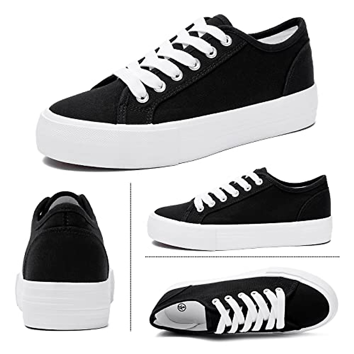 Women's White Platform Sneakers Black Platform Tennis Shoes Casual Lace up Fashion Sneakers Canvas Walking Flat Shoes (Black,US8)