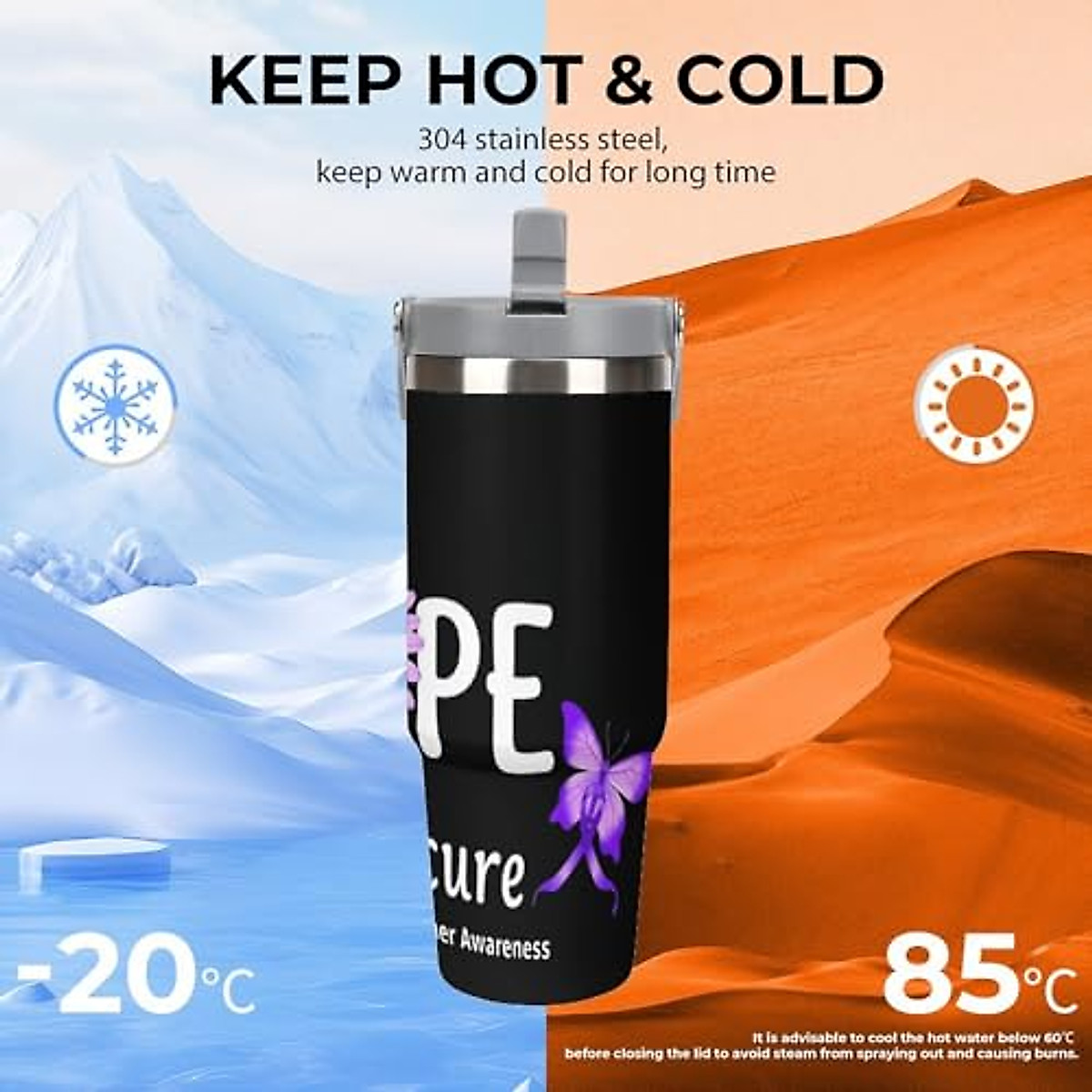 Hope for Cure Alzheimer's Awareness 30 OZ Insulated Tumblers with Handle And Straw Leakproof Vacuum Insulated Stainless Steel Water Bottle for Car Fishing Travel