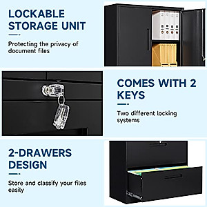 PEUKC Metal File Cabinet with Drawer, Lockable Vertical Lateral Filing Storage Cabinet, File Cabinet with Storage Cabinet for Home Office, Legal/Letter/A4 Size Steel File Storage Cabinet, Black