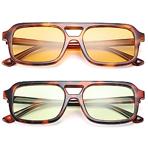 Pro Acme Retro 70s Square Aviator Sunglasses Women Men Vintage Flat Trendy Shades 2Pack(Leopard Frame Orange Lens+Leopard Frame Green Lens), 53MM