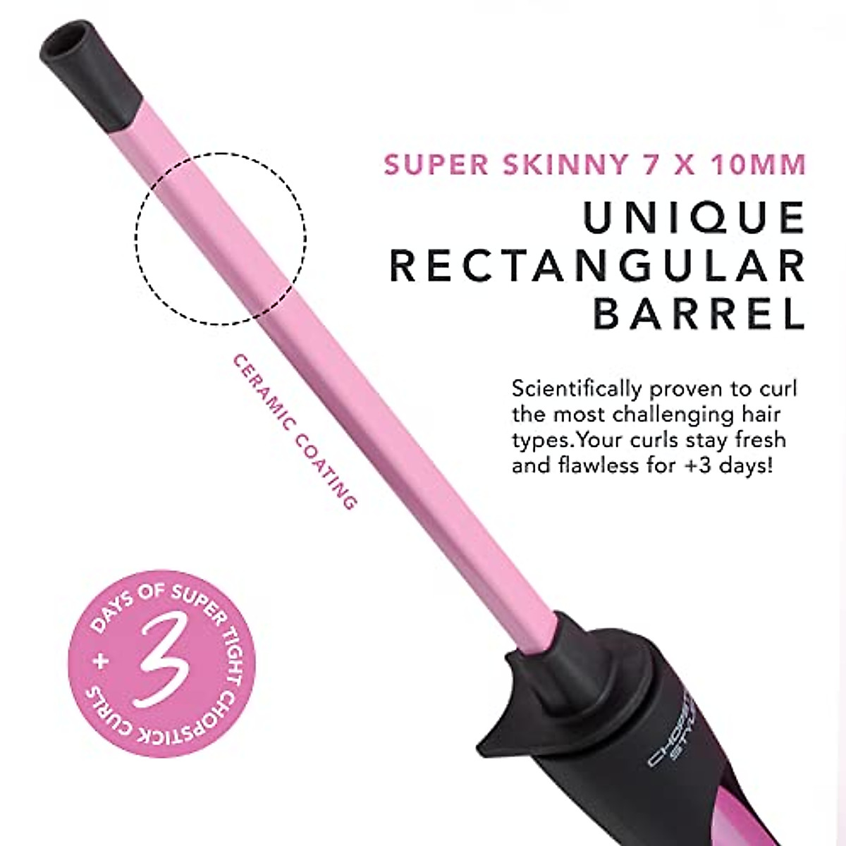 CHOPSTICK STYLER Heroine Professional Curling Wand, 3/8 Super Skinny Rectangular Ceramic Barrel for Tight, Natural, Ringlet Long Lasting Chopstick Curls - Curler for Long & Short Hair