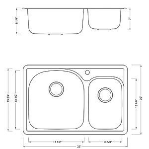 CozyBlock 33 x 22 x 8 Inch 70/30 Offset Top-mount/Drop-in Stainless Steel Double Bowl Kitchen Sink with Strainer and Protective Bottom Grid - 18 Gauge Stainless Steel-1 Faucet Hole