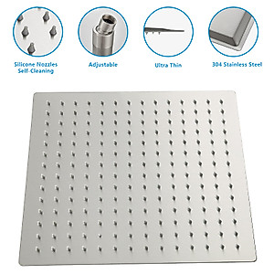 Lordear Rain Shower Head 12 Inch Solid Ultra Thin 304 Stainless Steel Adjustable Square Rainfall Shower Head Full Body Coverage with Silicone Nozzle 12” Waterfall Showerhead,Brushed Nickel