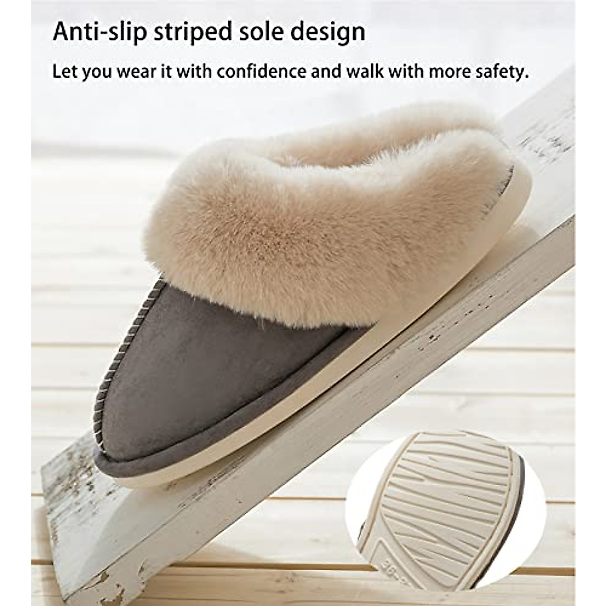 Reenloon Womens Slipper Memory Foam Fluffy Soft Warm Fuzzy Slippers Winter Anti-Skid Indoor Outdoor Slip-On Slippers Khaki