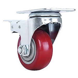 Finnhomy 4 Inch Caster Wheels Set of 4 with Brake Heavy Duty Plate Swivel Casters Premium Polyurethane Wheels PU Load Bearing 2,000 Lbs Lockable Anti-wear Smooth Casters Red (Free Screws)