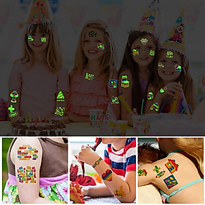 Qpout 95 PCS Glow In The Dark Building Block Temporary Tattoos for Kids 8 Sheets Building Bricks Luminous Tattoos Stickers for Boys Girls Building Block Birthday Party Favors Supplies