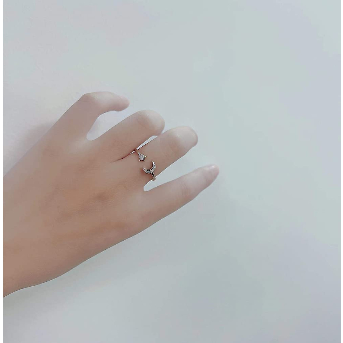 Opal Star Moon Open Adjustable Ring for Women Girls 925 Sterling Silver Crystal Cubic Zirconia Crescent Moon Lucky Stars Stacking Statement Thin Tail Finger Band Eternity Love Promise Expandable