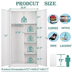 Letaya Metal Storage Cabinets Locker with Lock Door, 72'' Clothing Coat Steel Storage Freestanding Wardrobe for Office, Home, School, Employee,Gym,Fire Department (White)