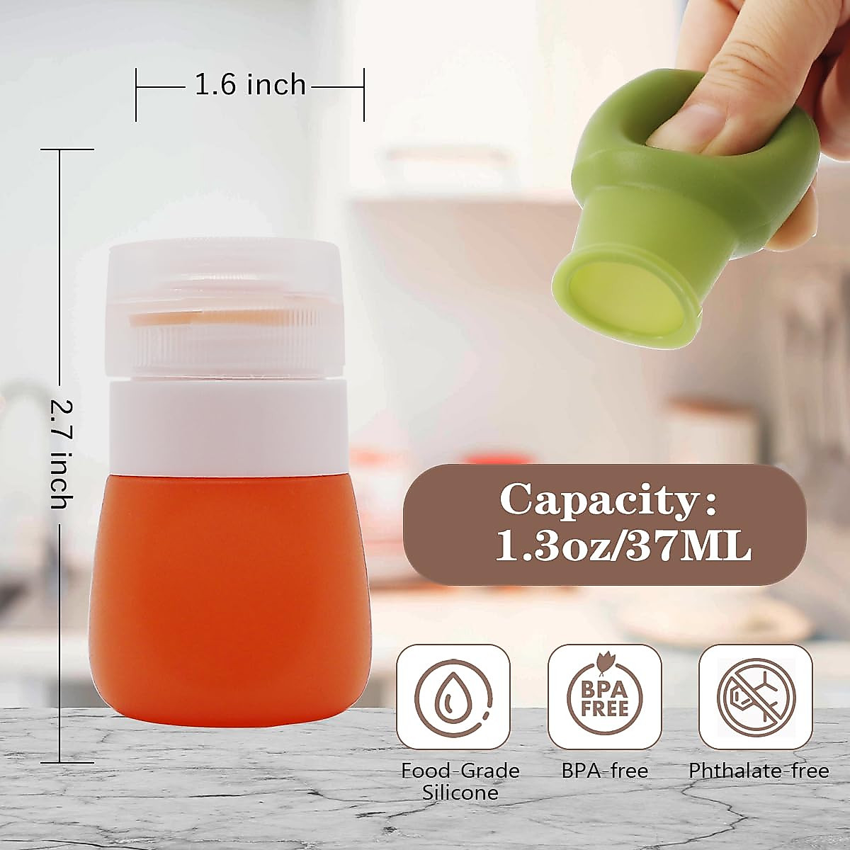 Ksooly 5-Pack 1.3Oz. Squeeze Salad Dressing Bottles with Cleaning Brush, Small Salad Dressing Container to Go, Portable Sauce Condiment Bottles, Food-grade Silicone, BPA Free