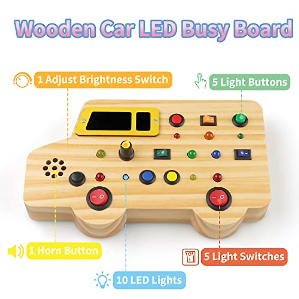 Bestbase Wooden Toddler Toys Montessori Busy Board, Sensory Toys with Light up LED Sounds Buttons Wooden Car Toys, Education Toys Montessori Toys for 1+ Year Old Boy/Girl Baby Gifts Kids Toys