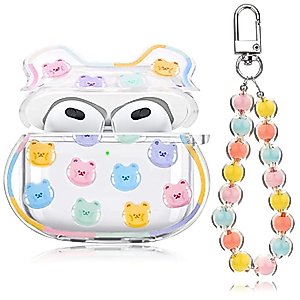 Cute AirPod 3 Cases Funny 3D Bear Design with Coloful Round Bead Bracelet Clear Soft Protective Cover Compatible with AirPods 3rd Generation Case for Girls and Womens