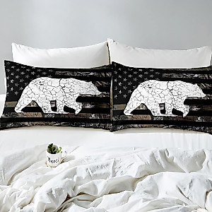 Manfei Wild Bear Bedding Set Twin Size for Bedroom Decorative,Wildlife Animal Camo Rustic Style Duvet Cover,Black Stripes Branch American Flag Bedding Quilt Cover with 1 Pillow Cases(No Comforter)