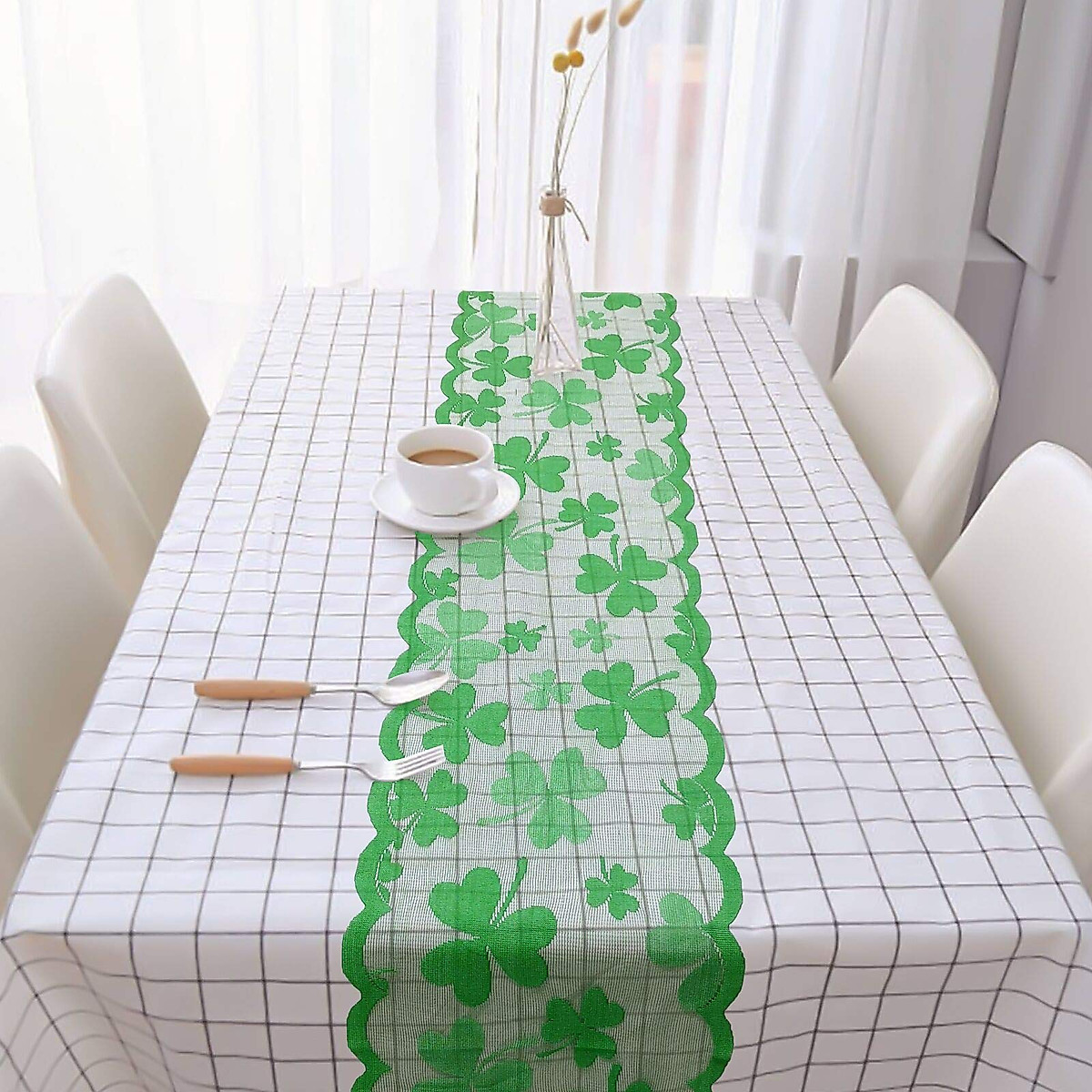 Vedran St Patricks Day Table Runner Decoration, Lace Embroidery Table Runners with Green Irish Shamrock 71 x 13 Inch for St Patricks Day Holiday and Spring Decorations