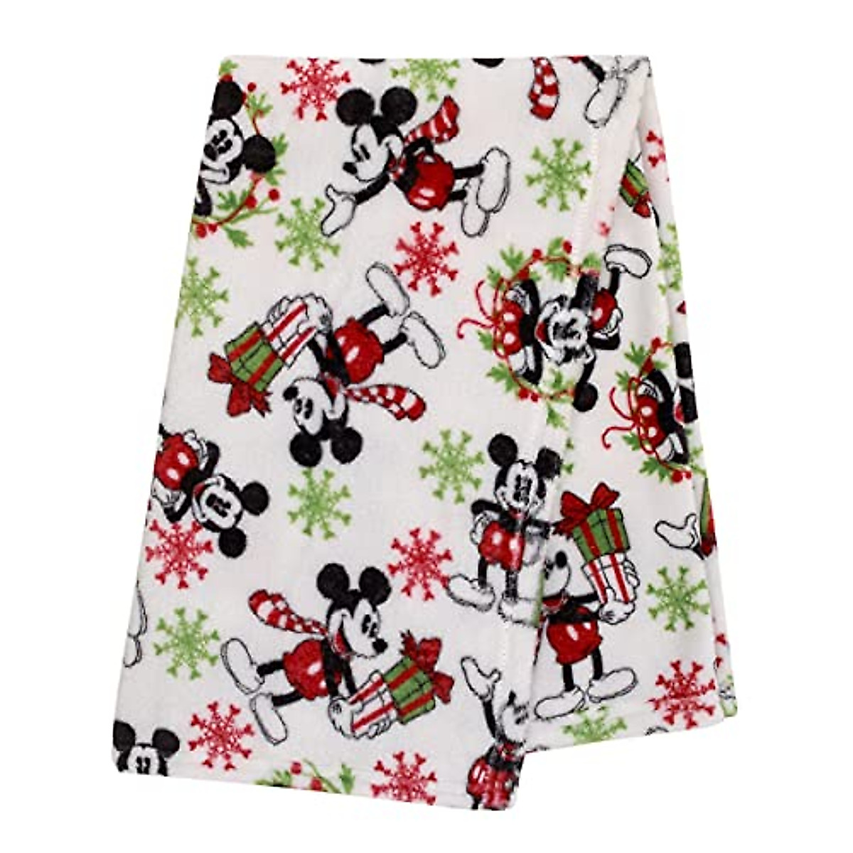 Disney Mickey Mouse White, Red, and Green Holiday Christmas Wreathes, Gifts, and Snowflakes Super Soft Baby Blanket