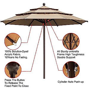 EliteShade USA 10-Year-Non-Fading Sunumbrella 11Ft 3 Tiers Market Umbrella Patio Outdoor Cylinder Auto Push-up Table Umbrella with Ventilation,Heather Beige