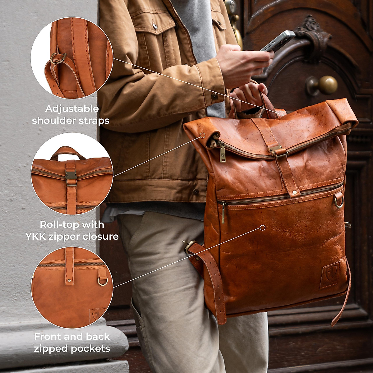 BERLINER BAGS Vintage Leather Backpack Utrecht XL, Large Waterproof Bookbag for Men and Women - Brown…