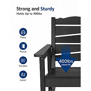 LAHAAP Outdoor Rocking Chairs Set, Weatherproof HIPS Outdoor Furniture, Include 2 Patio Rocking Chairs + Outdoor Bench, Suit for Garden, Porch, Lawn & Backyard(Black)