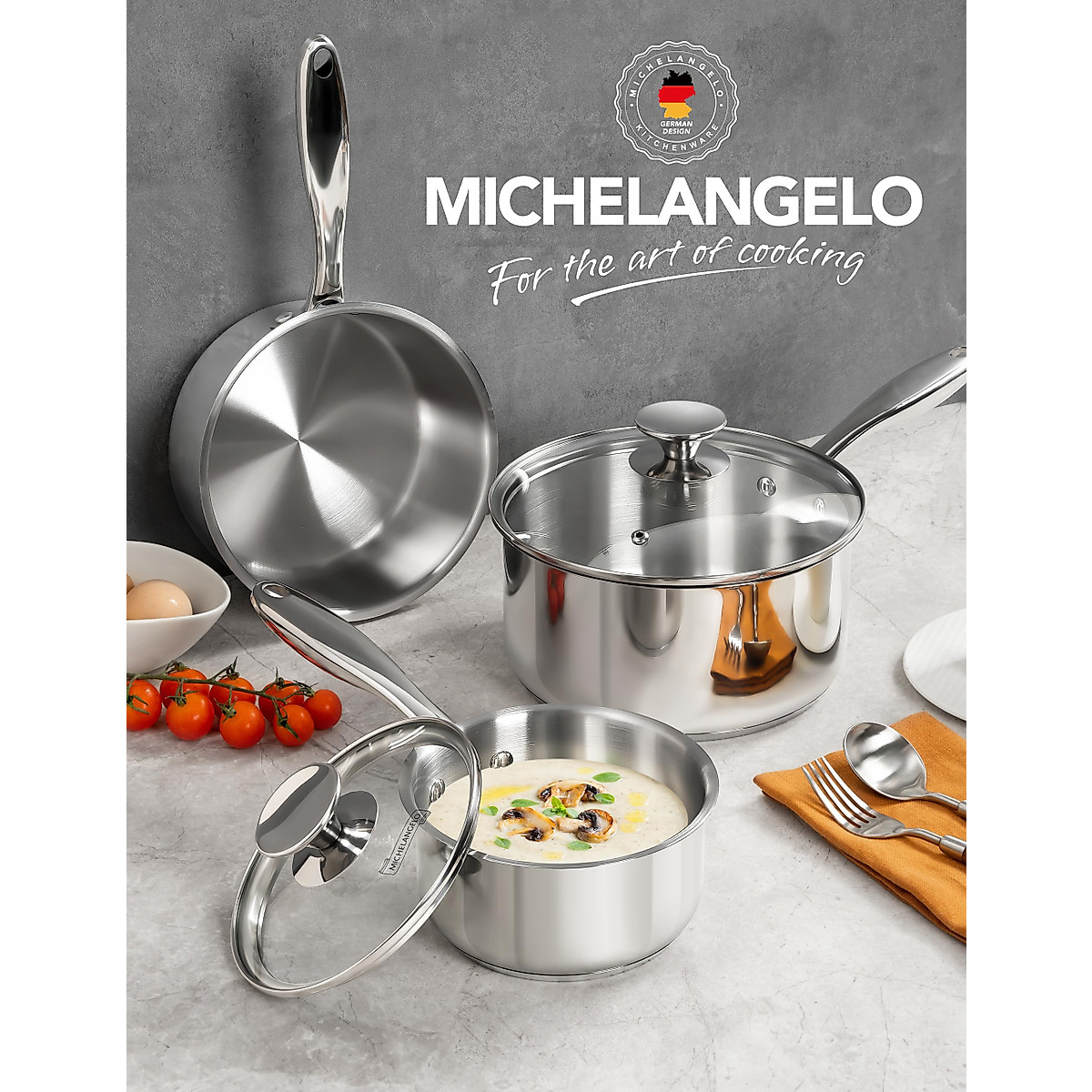 MICHELANGELO Stainless Steel Sauce Pan Set - 1, 2, 3 Qt Saucepans with Lids, Small Stainless Steel Pots for Cooking, Induction Compatible, Dishwasher & Oven Safe