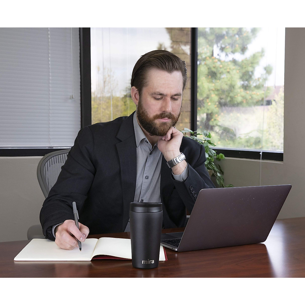 MIRA 12 oz Stainless Steel Insulated Coffee Travel Mug for Coffee, Tea - Press Lid Tumbler - Vacuum Insulated Coffee Thermos Cup Keeps Hot or Cold - Black