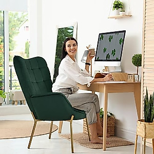 Yaheetech Armchair, Modern Accent Chair High Back, Vanity Chairs with Gold Metal Legs and Soft Padded, Tufted Sofa Chairs for Home Office/Bedroom/Makeup Room/Dining Room, Green