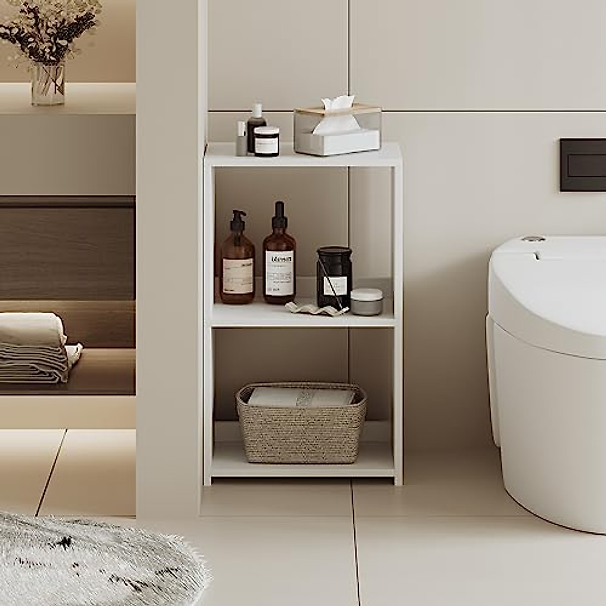 PIKPUK Side Table, Narrow End Table with Storage Shelf, Minimalist Bedside Tables Nightstand, Small Bookshelf Bookcase, Wooden Storage Shelves, Display Rack for Bedroom, Living Room, Office, White.