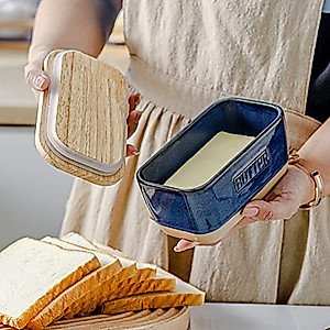 HVH Ceramic Butter Dish with Lid for Countertop, Airtight Butter Keeper with Wooden Lid, Butter Dishes with Covers, Ceramic Butter Container for East West Coast Butter, Farmhouse Style (Blue)