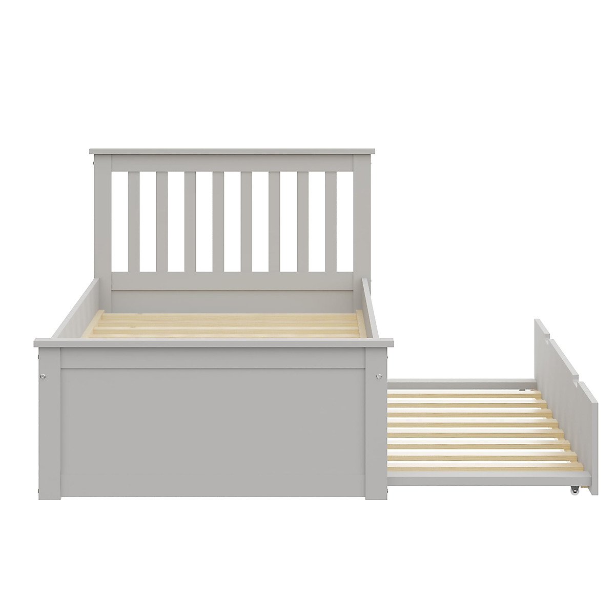 Gray Twin Trundle Bed, Heavy Duty Malibu Solid Wood Bed Frame with Twin Size Pull Out Toddler Trundle Bed for Kids
