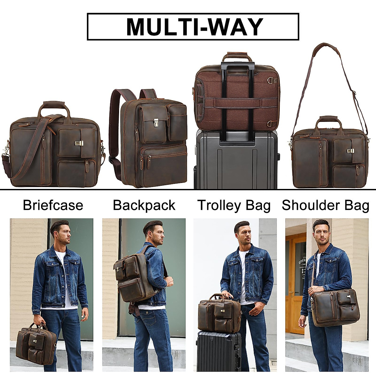 TIDING Men's 15.6 Inch Leather Convertible Backpack Large Capacity Laptop Briefcase Messenger Bag(Updated Version)