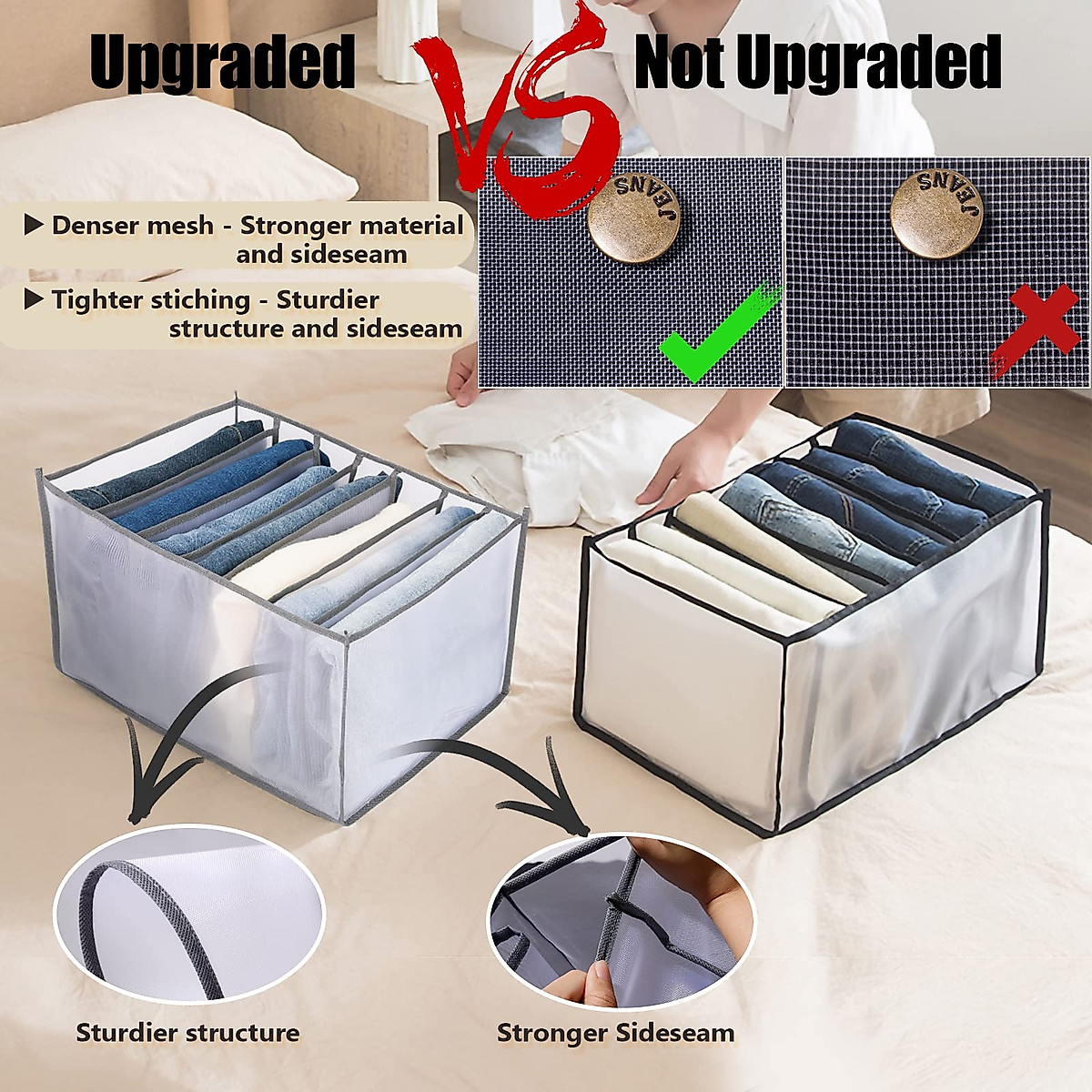 Upgraded Wardrobe Clothes Organizer, TIGARI Drawer Organizers for Clothing, Soft Organizer Clothes, Storage for Folded Jeans, Divided Clothes Organizer for Jeans Pants T-Shirts Underwear (9 Grids)