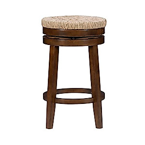 Powell Maya Walnut Backless Counter Stool with Woven Seagrass Swivel Seat