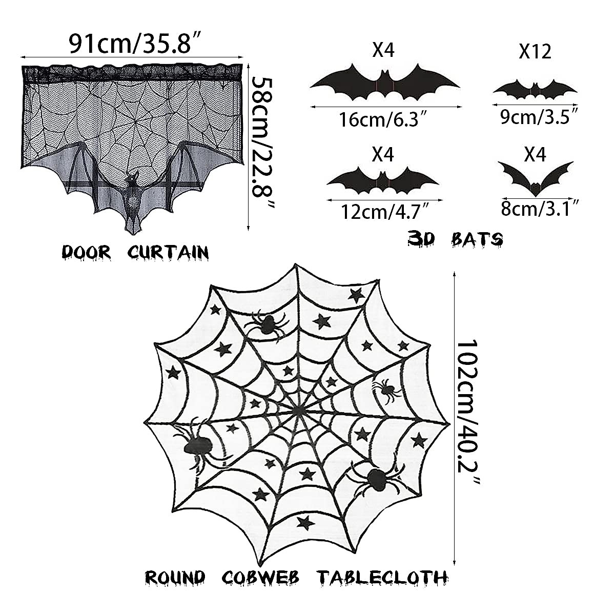 Anditoy 6 Pack Halloween Decorations Sets Spider Webs Tablecloth Fireplace Scarf Runner Round Cobweb Table Cover Lampshade Door Curtain with 24pcs 3D Bats for Halloween Decor Indoor Party Supplies