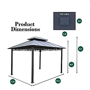 ZGJHFF 12 Ft. X 10 Ft. Black 2-Tier Double Roof Metal Hard Top Gazebo with Curtains and Netting