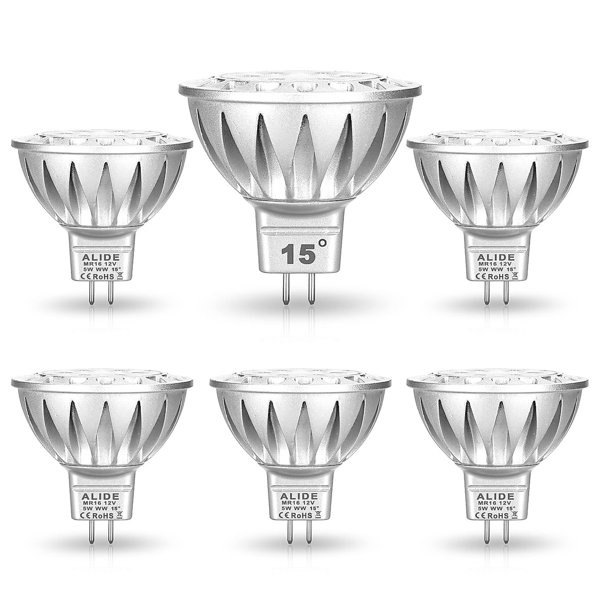 ALIDE MR16 Led Bulbs 15 Degree 15° Narrow Beam Angle,GU5.3 MR16 20W 35W Halogen Equivalent,5W,450LM,2700K Soft Warm White,12V Low Voltage MR16 Led Bulbs for Landscape Ceiling Track Lighting,6Pack