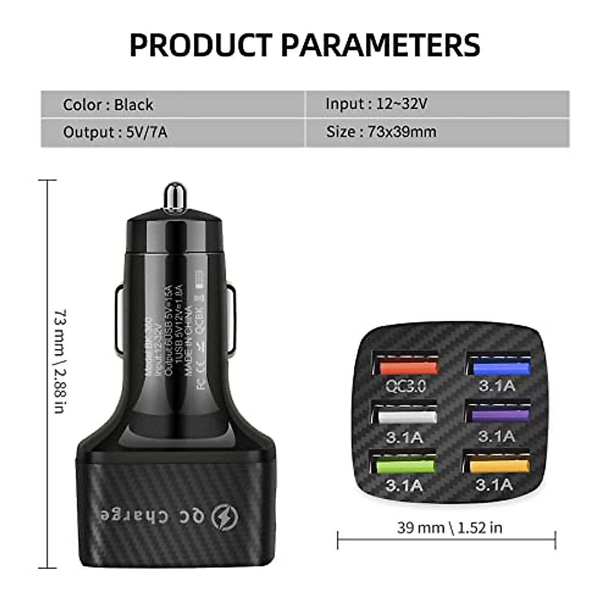 Amiss Car Charger Adapter, 6 USB Multi Port, Fast Charger, Include QC 3.0 and 5 Other Ports, Car Interior Accessories, Fit for iPhone 13/12/11/pro, Samsung Galaxy/Note S10/S9/S8, Android - Black
