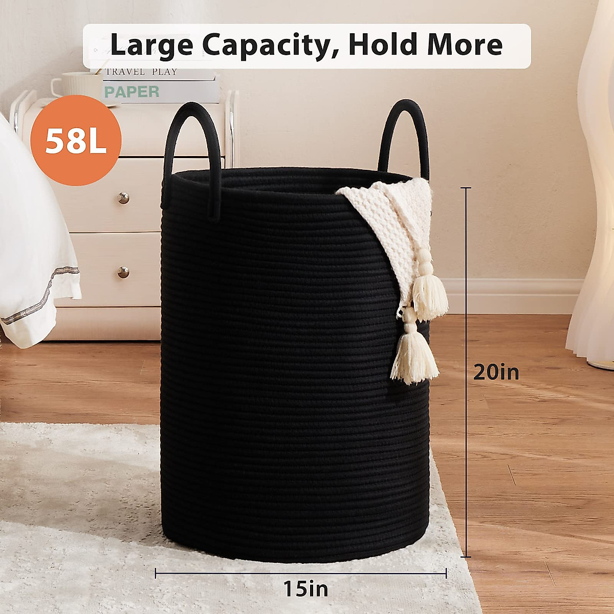 Fiona's magic Woven Rope Laundry Basket, 58L Tall Laundry Hamper for Blanket Storage, Large Baby Nursery Basket for Laundry, Decorative Clothes Hamper for Bedroom, Living Room and Bathroom, Black