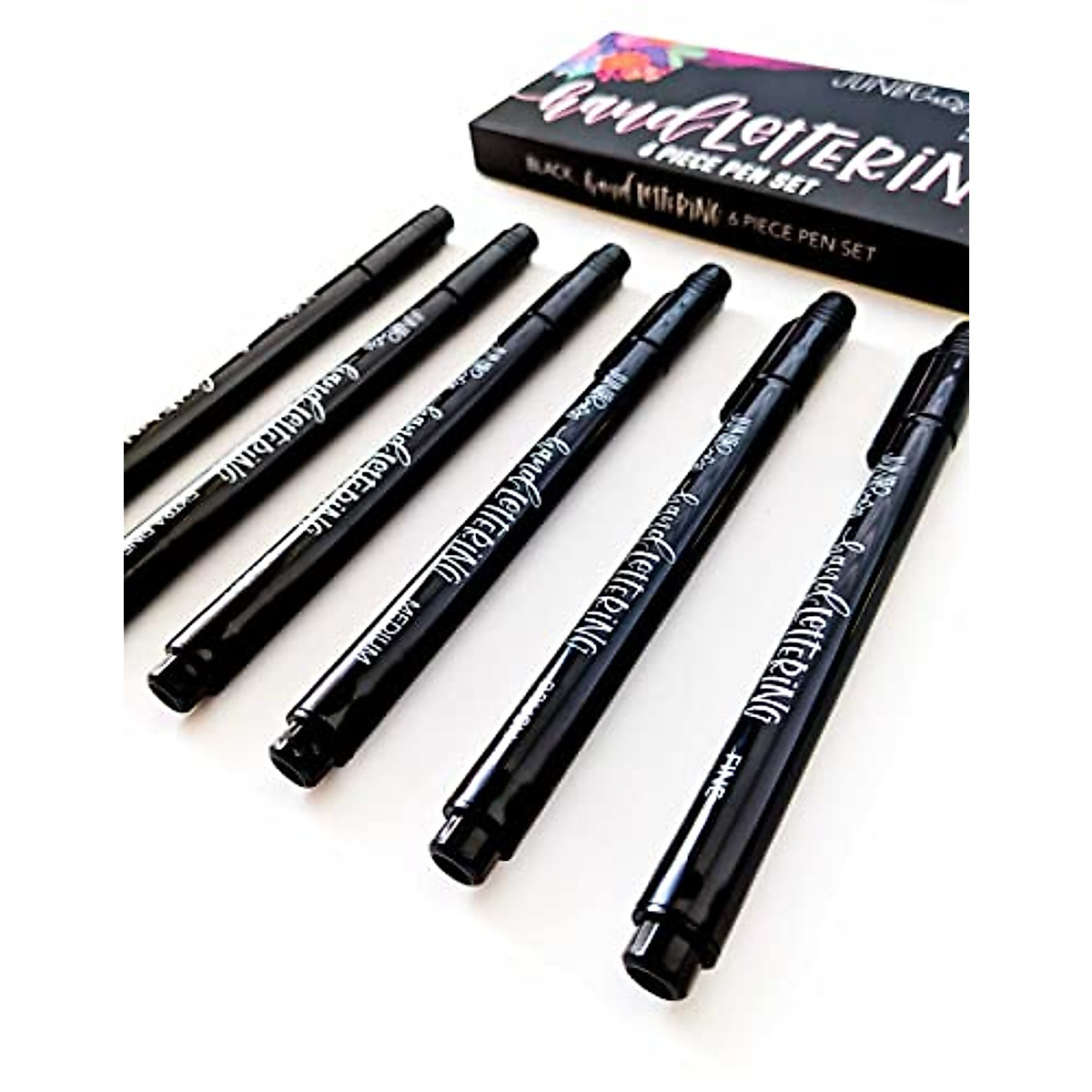 June & Lucy Brush Pens - Calligraphy Pens for Journaling with Black Pen Brush Ink 6 Piece Modern Hand Lettering and Modern Calligraphy Set for Beginners, Brush Pens & Markers with Felt Tip
