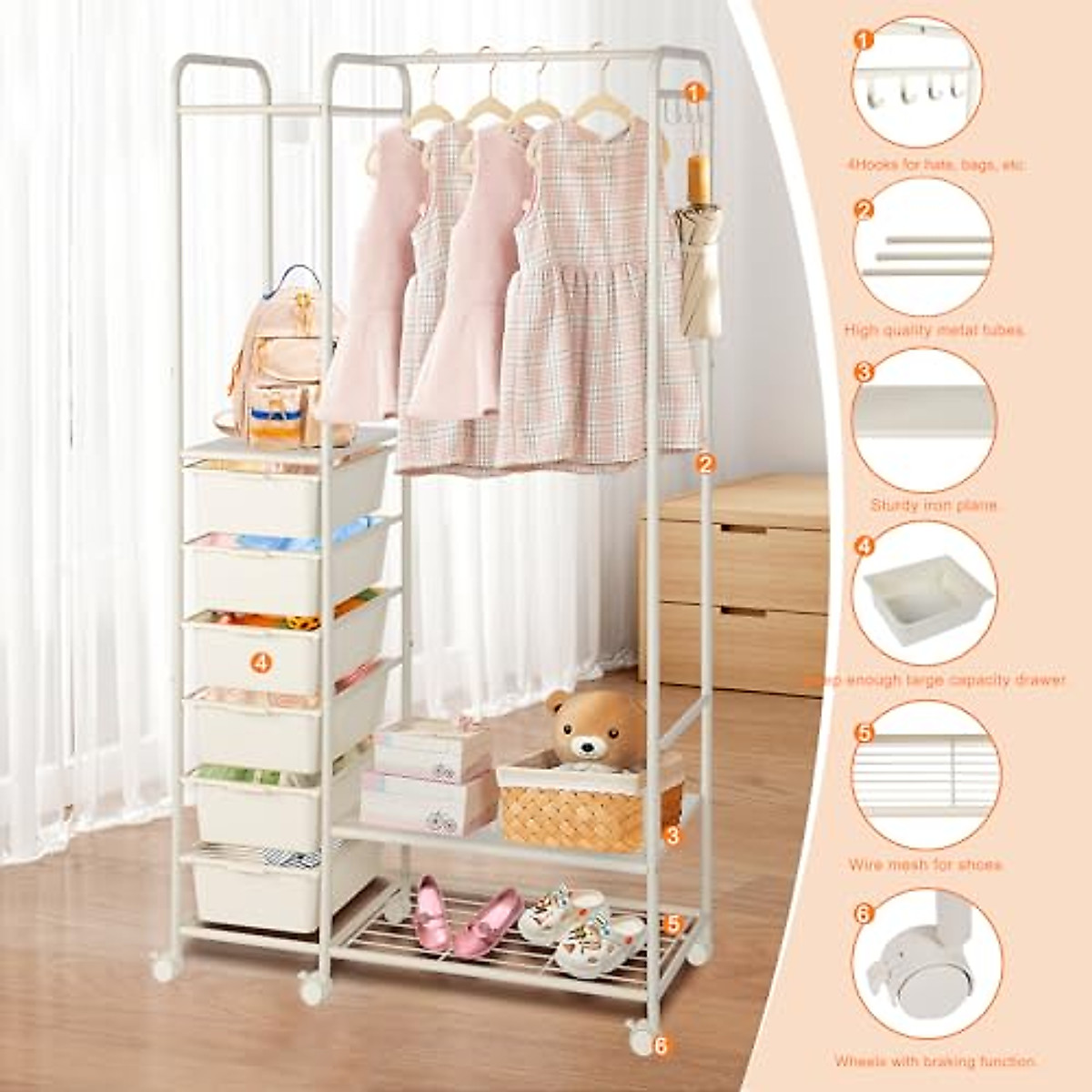 PACHIRA E-Commerce Rolling Clothes Rack for Hanging Clothes 6 Drawers, White Clothing Racks on Wheels Freestanding Clothing Garment Rack 37" W x 14.5" D x 66" H