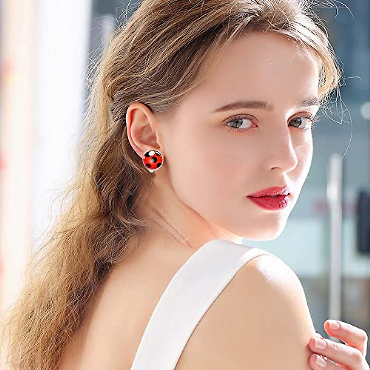 OHINGLT Ladybug Clip on Earrings for Woman Silver Ear Cuff Black Spot Red Ladybug Earrings(4 Pairs Red)
