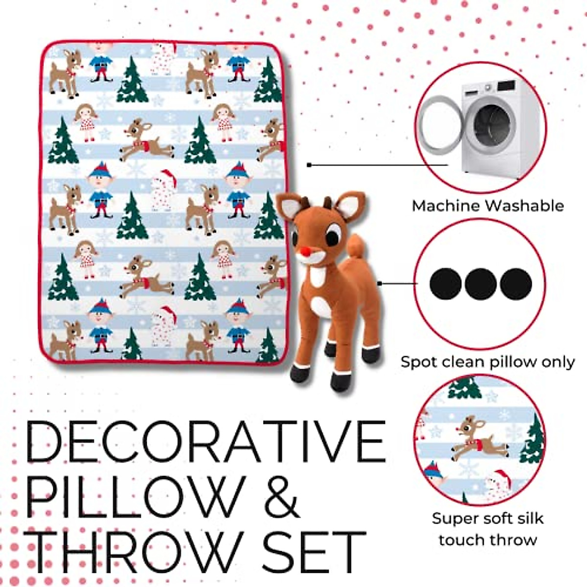 Franco Bedding Christmas Holiday Super Soft Plush Cuddle Buddy, 40 in x 50 in, Rudolph Throw + Pillow Set