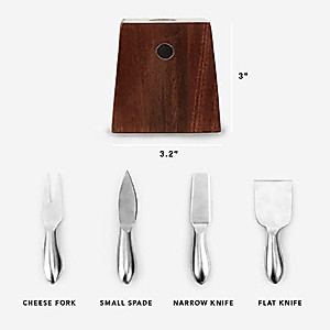 Slice of Goodness Original Cheese Knife Set - 4 Small Stainless Steel Charcuterie Board Utensils with Magnetic Acacia Wood Holder - Modern Cheese Knives