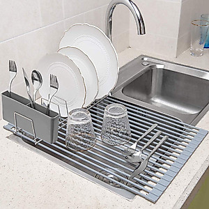 SANNO Plastic Black Utensil Silverware Storage Holder Caddy,Fit Kitchen Sink Drying Rack, Microfiber Dish Mat, Dish Drying Mat (Gray)