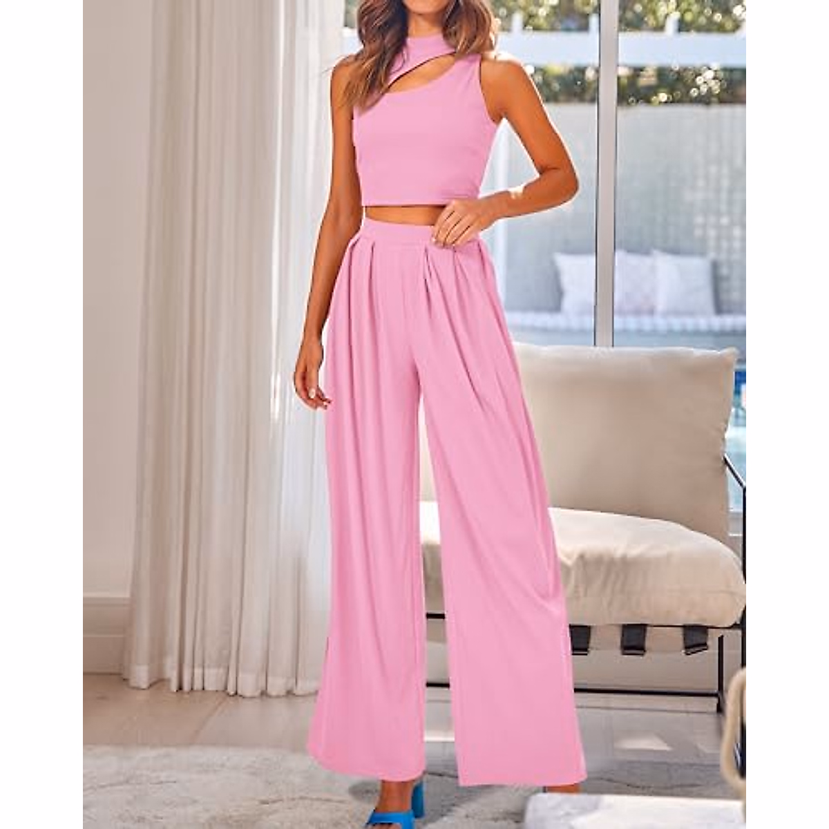 BTFBM Women 2 Piece Outfits 2024 Spring Summer Tracksuits Mock Neck Sleeveless Cutout Crop Top Wide Leg Pants Sweatsuits(Solid Pink, X-Large)