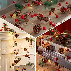 TOPIST Christmas Pinecone Lights Battery or USB Plug in, 6.7FT 20LED Red Berry with Pine Cone Christmas Garland Lights LED String Lights Fairy Lights for Xmas Tree Party Home Holiday Decor